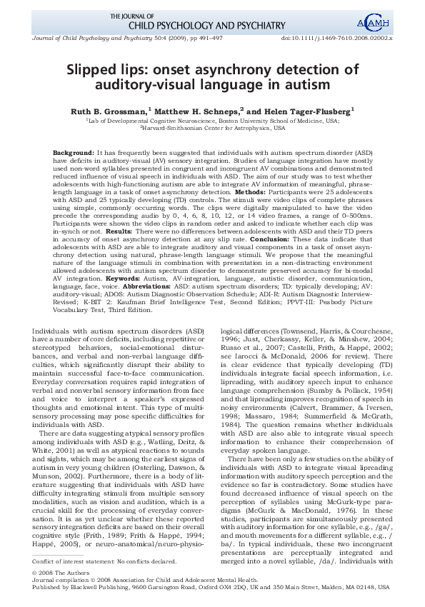(PDF) Slipped lips: onset asynchrony detection of auditory-visual language in autism