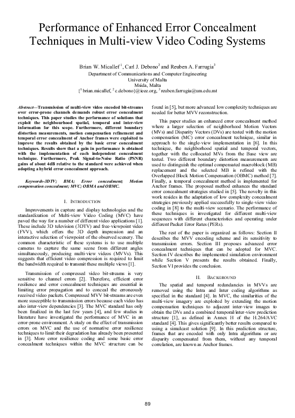Pdf Performance Of Enhanced Error Concealment Techniques In Multi View Video Coding Systems