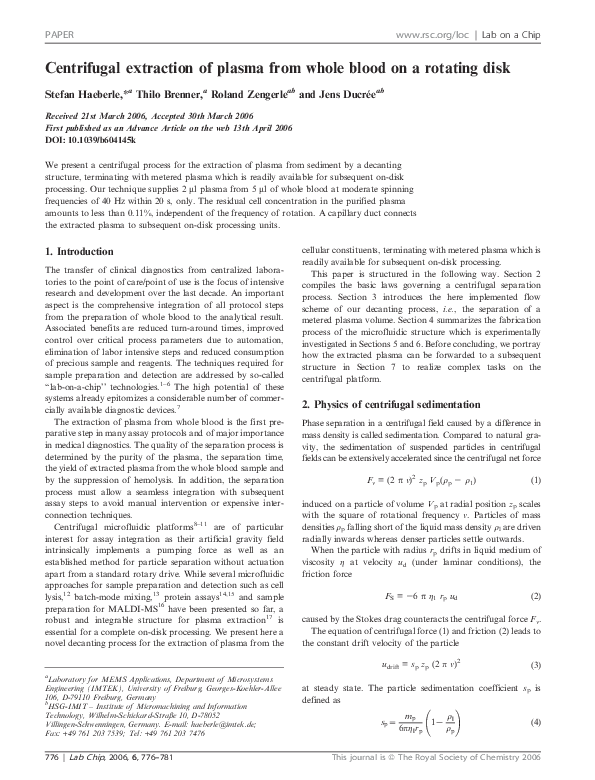 (PDF) Centrifugal extraction of plasma from whole blood on a rotating disk