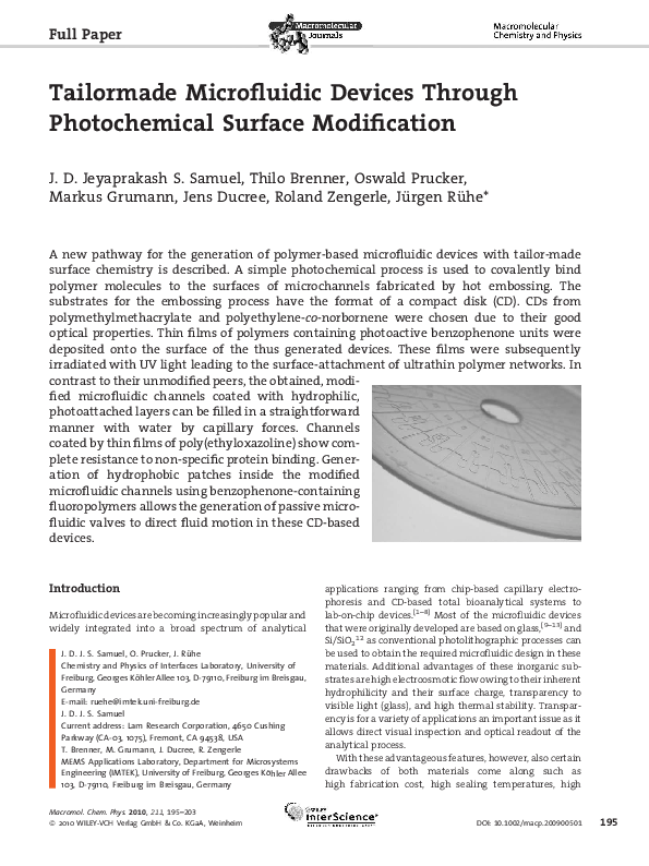(PDF) Tailormade Microfluidic Devices Through Photochemical Surface ...