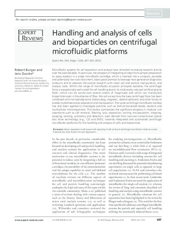 (PDF) Handling and analysis of cells and bioparticles on centrifugal microfluidic platforms ...