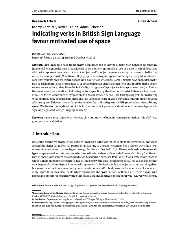 (PDF) Indicating verbs in British Sign Language favour motivated use of ...