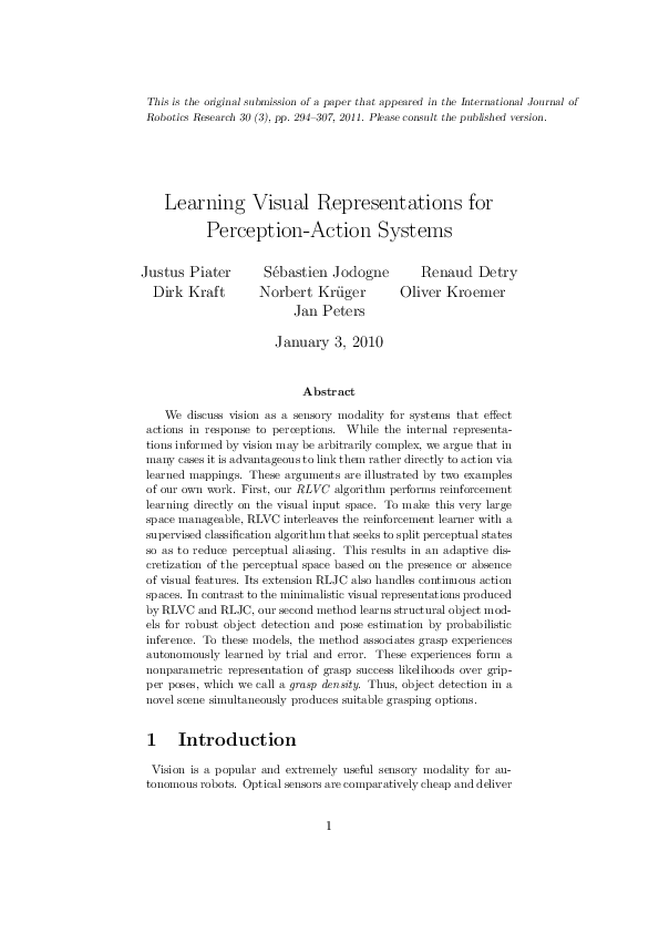 (PDF) Learning visual representations for perception-action systems