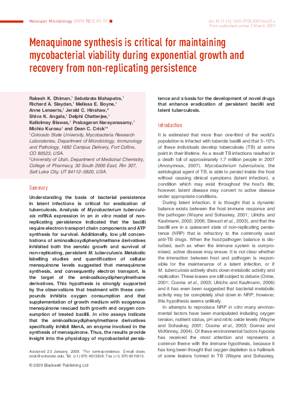 (PDF) Menaquinone synthesis is critical for maintaining mycobacterial ...