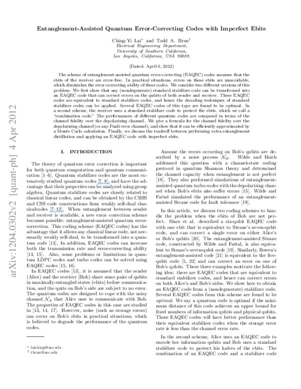 (PDF) ENTANGLEMENT-ASSISTED QUANTUM ERROR-CORRECTING CODES CONSTRUCTED FROM IRREGULAR REPEAT ...