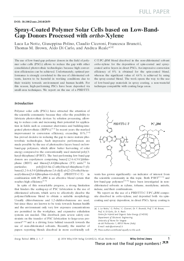 (PDF) Spray‐Coated Polymer Solar Cells based on Low‐Band‐Gap Donors Processed with ortho‐Xylene