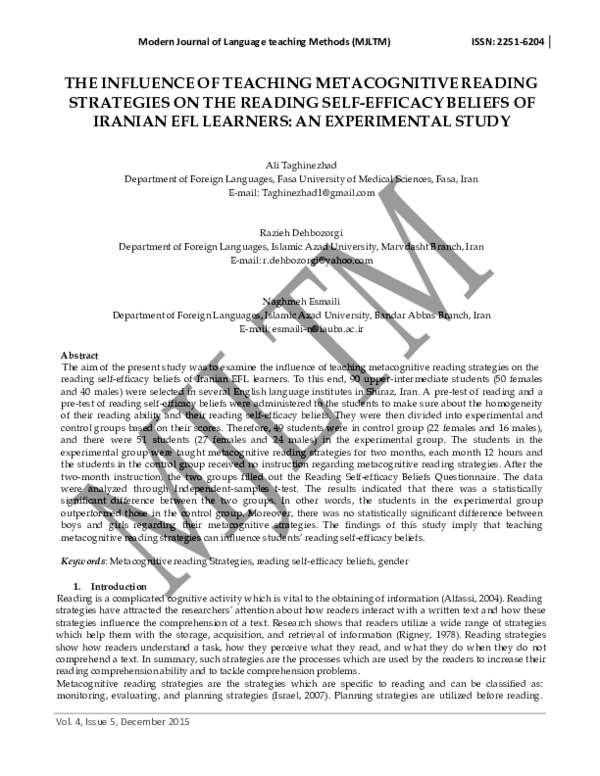 Pdf The Influence Of Teaching Metacognitive Reading Strategies On The Reading Self Efficacy