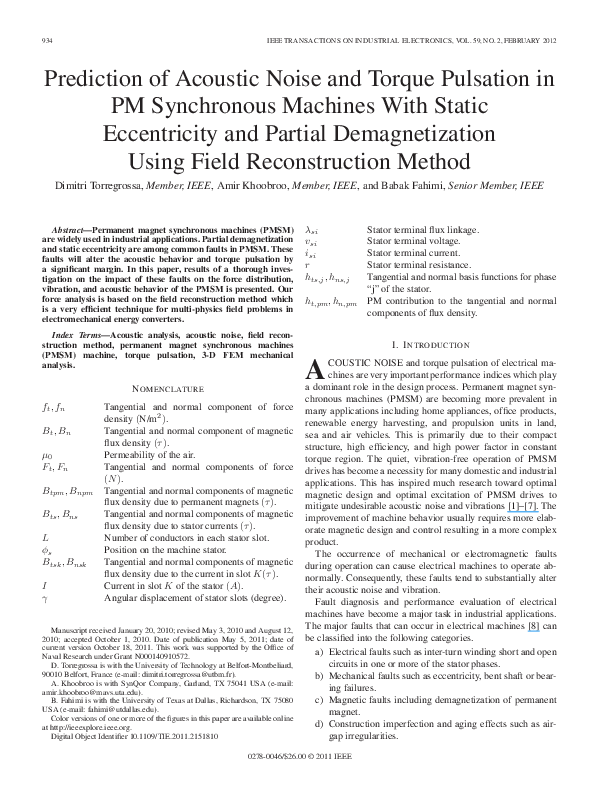 (PDF) Prediction of Acoustic Noise and Torque Pulsation in PM Synchronous Machines With Static ...