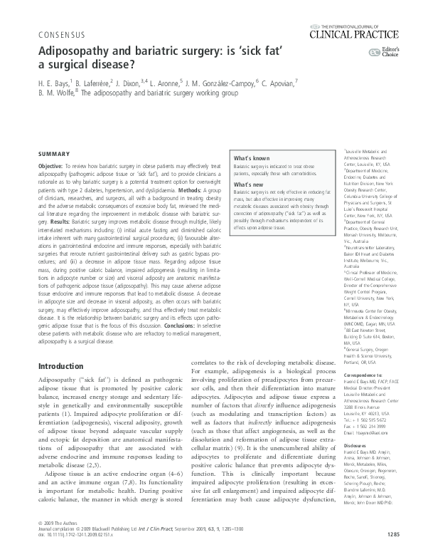 (PDF) Adiposopathy and bariatric surgery: is ‘sick fat’ a surgical ...