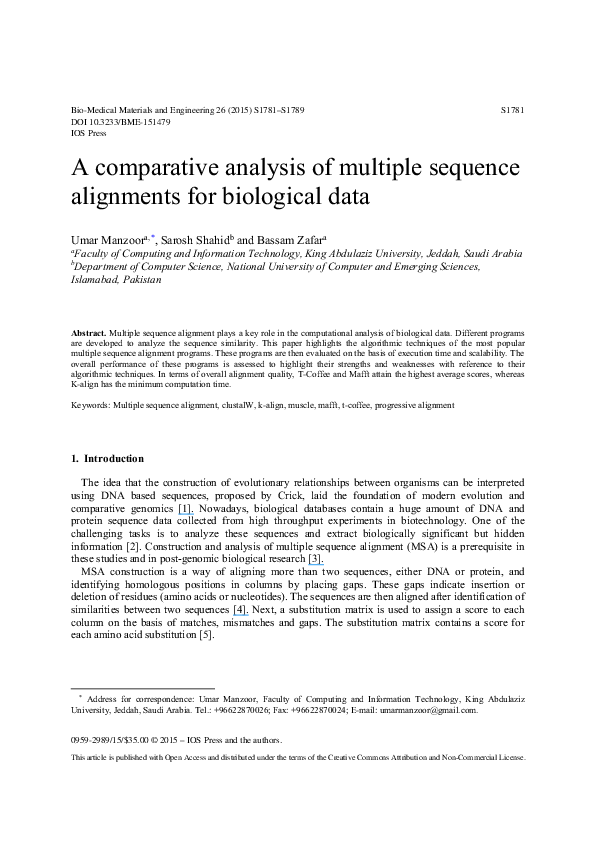 (PDF) A comparative analysis of multiple sequence alignments for biological data