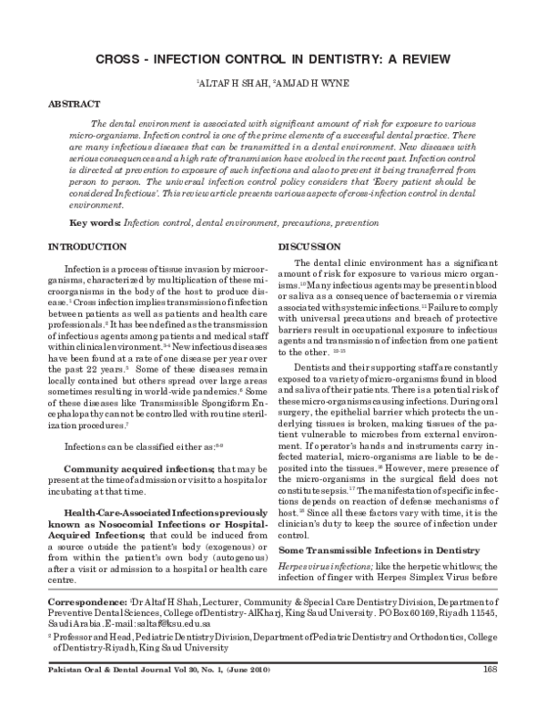 (PDF) CROSS - INFECTION CONTROL IN DENTISTRY: A REVIEW