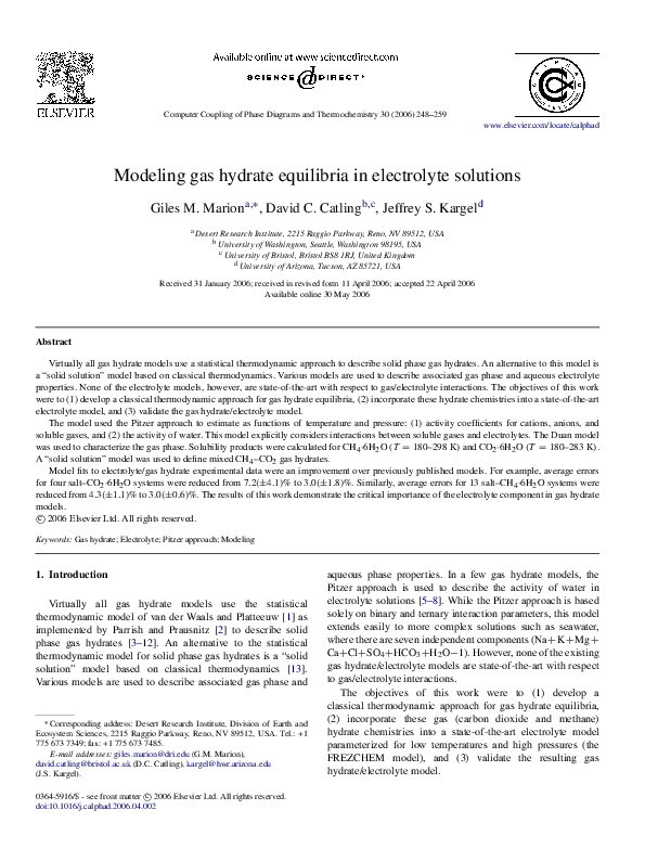(PDF) Modeling gas hydrate equilibria in electrolyte solutions