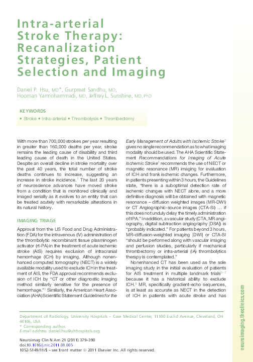 (PDF) Intra-arterial Stroke Therapy: Recanalization Strategies, Patient Selection and Imaging