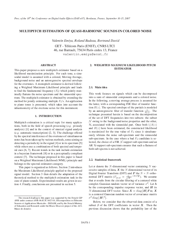 (PDF) Multipitch estimation of quasi-harmonic sounds in colored noise