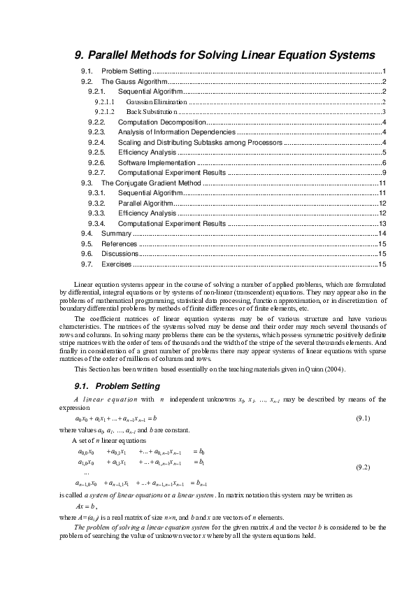 (PDF) 9. Parallel Methods for Solving Linear Equation Systems