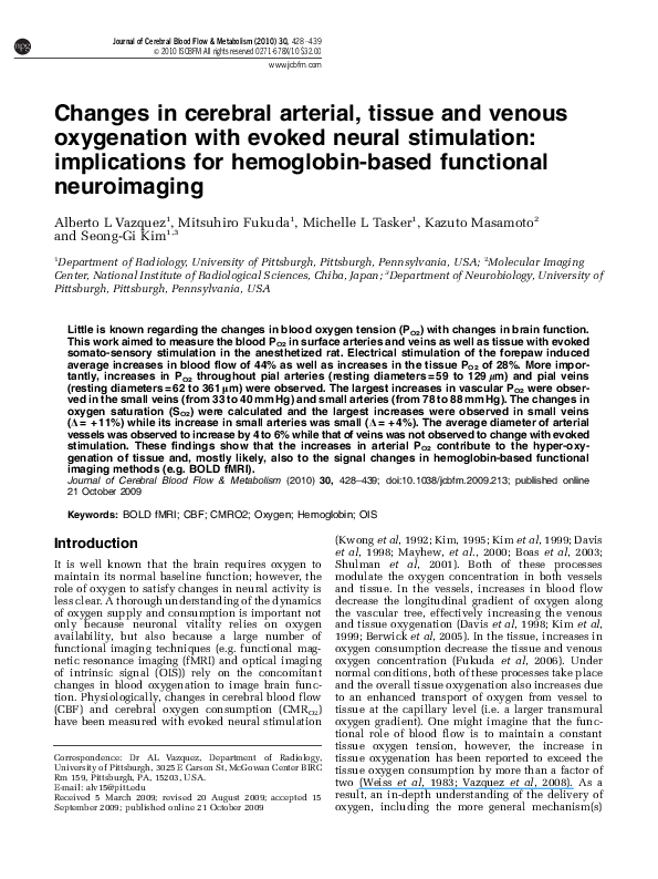 (PDF) Changes in cerebral arterial, tissue and venous oxygenation with evoked neural stimulation ...