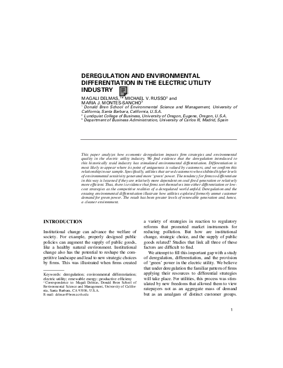 (PDF) Deregulation and environmental differentiation in the electric ...