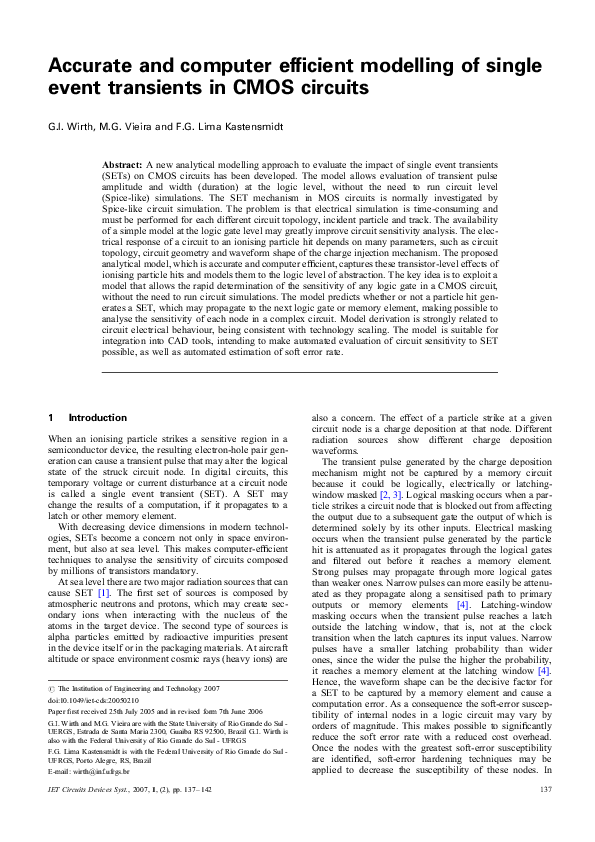 Pdf Accurate And Computer Efficient Modelling Of Single Event Transients In Cmos Circuits