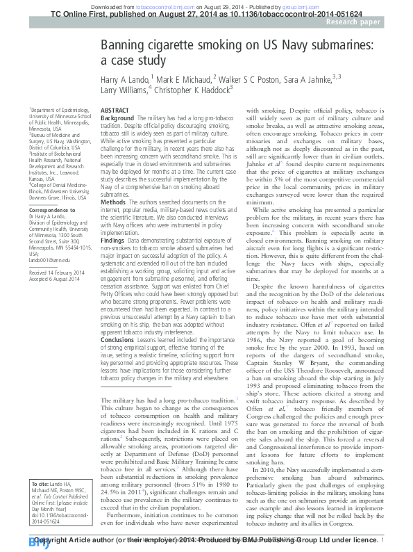 (PDF) Banning cigarette smoking on US Navy submarines: a case study