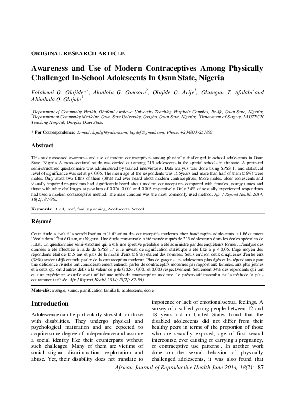 (PDF) Awareness and use of modern contraceptives among physically ...