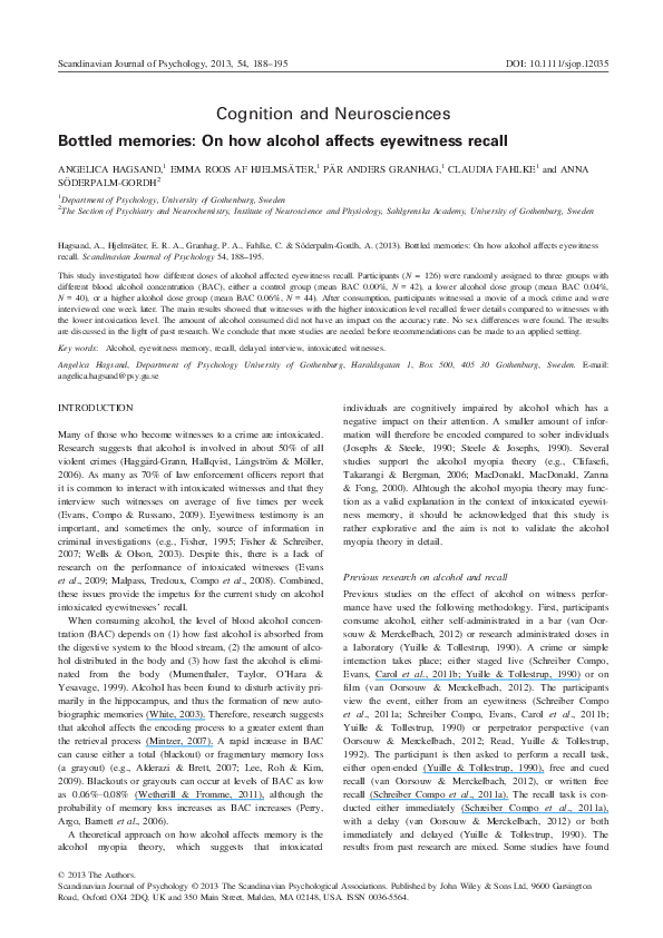 (PDF) Bottled memories: On how alcohol affects eyewitness recall