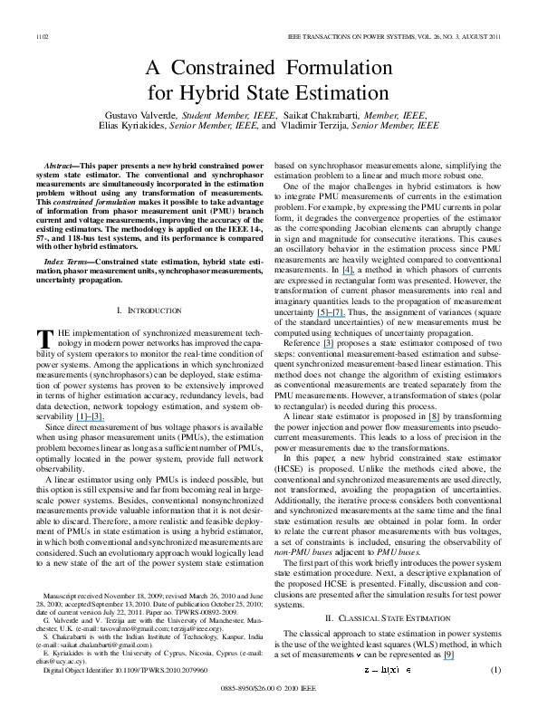 Pdf A Constrained Formulation For Hybrid State Estimation Elias