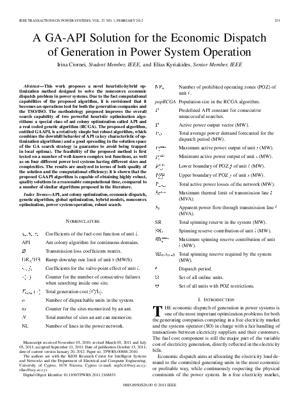 (PDF) A GA-API Solution for the Economic Dispatch of Generation in Power System Operation
