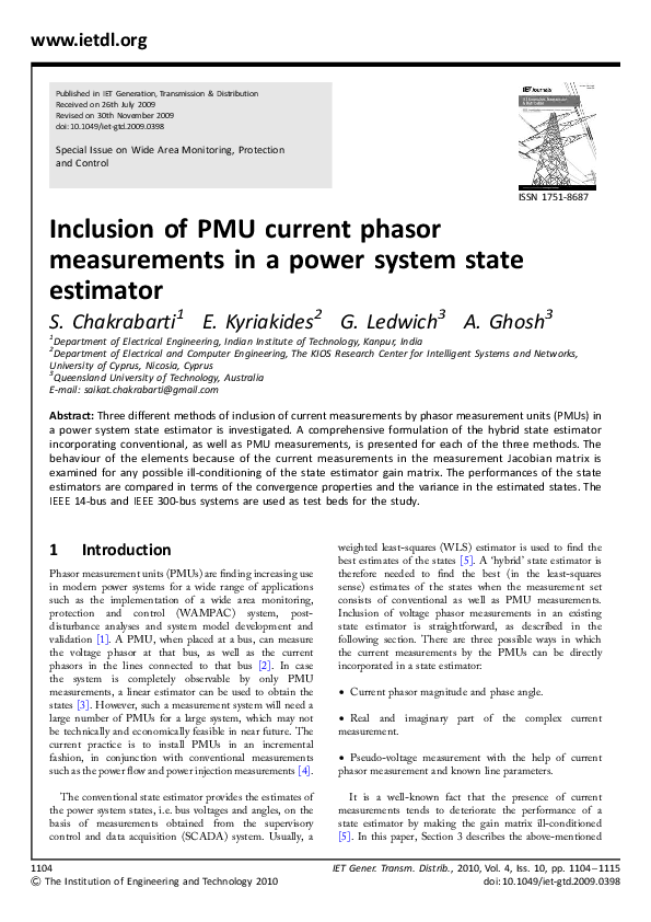 Pdf Integrating Pmu Current Measurements In State Estimators