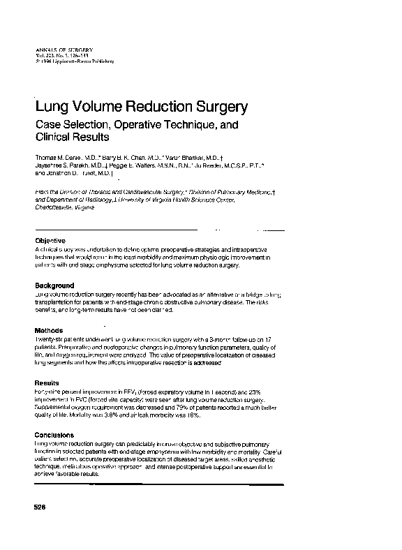 (PDF) Lung volume reduction surgery. Case selection, operative ...