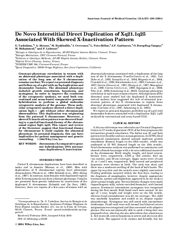 (PDF) De novo interstitial direct duplication of Xq21.1q25 associated ...
