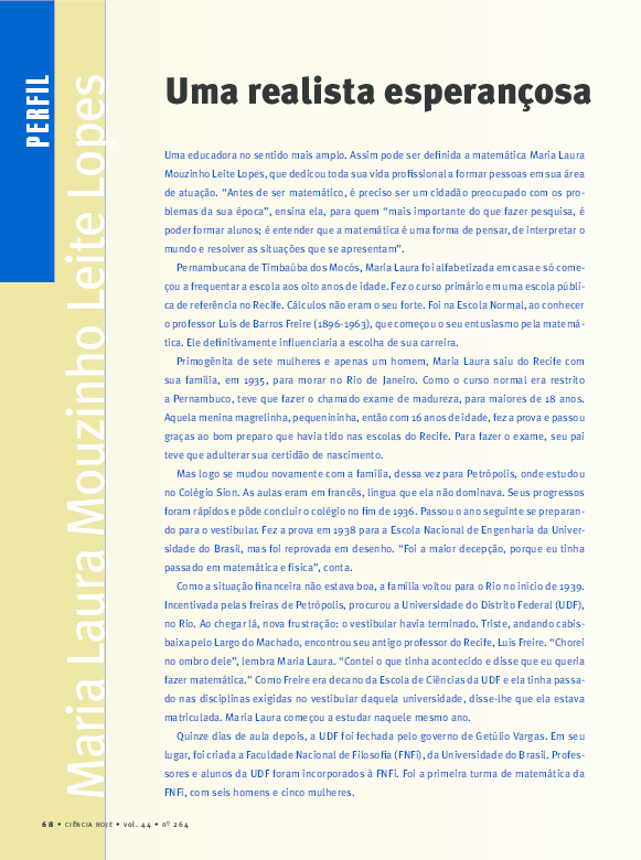 (PDF) Uma realista esperançosa -- Perfil da matemática Maria Laura ...