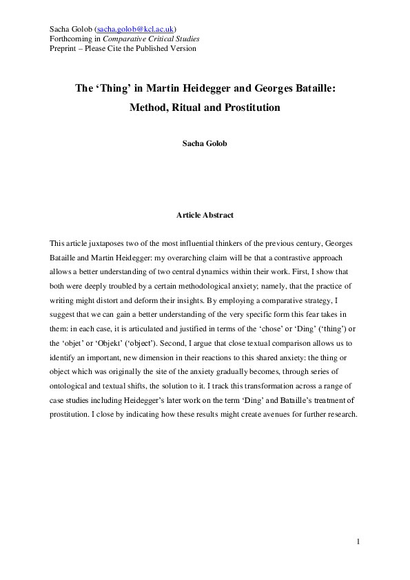 (PDF) The 'Thing' in Bataille and Heidegger - Comparative Critical ...