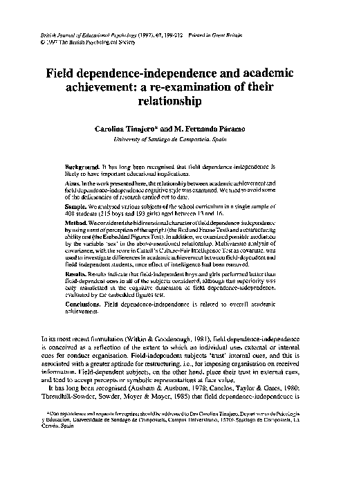 (PDF) Field dependence-independence and academic achievement: a re ...