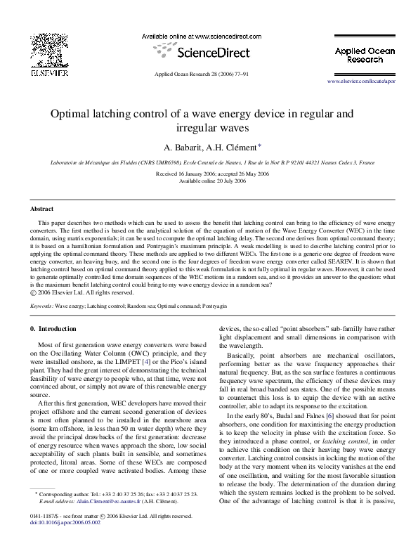 (PDF) Optimal latching control of a wave energy device in regular and irregular waves