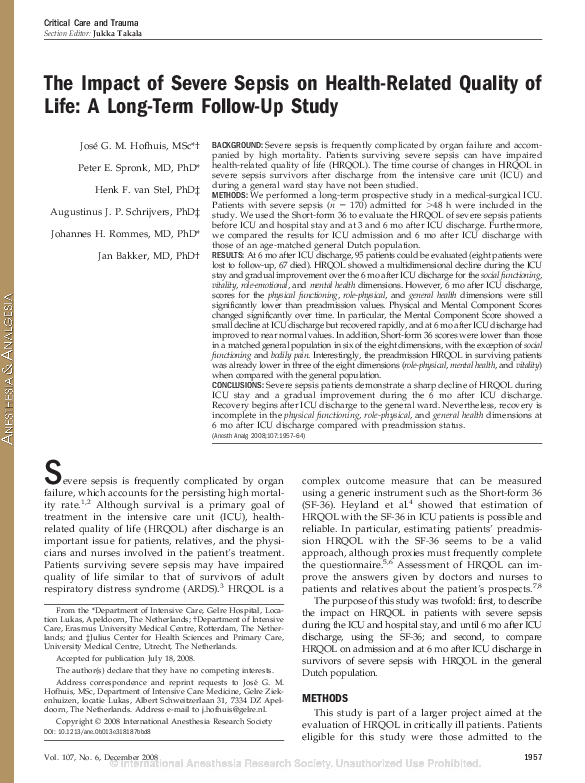(PDF) The Impact of Severe Sepsis on Health-Related Quality of Life: A ...