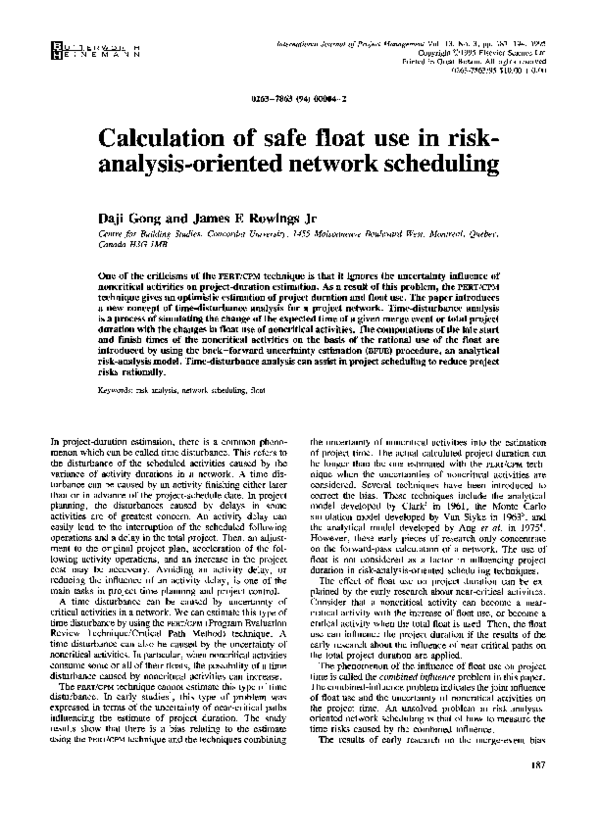 (PDF) Calculation of safe float use in risk-analysis-oriented network scheduling
