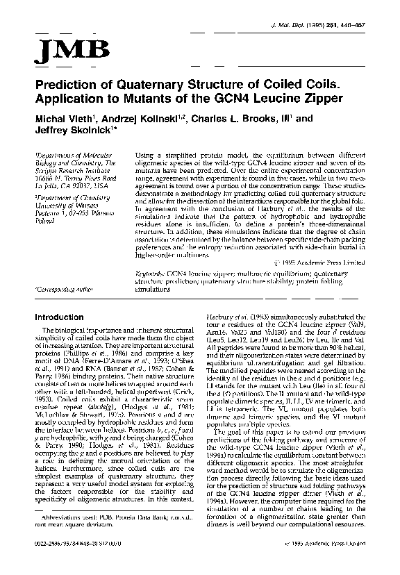 (PDF) Prediction of Quaternary Structure of Coiled Coils. Application ...