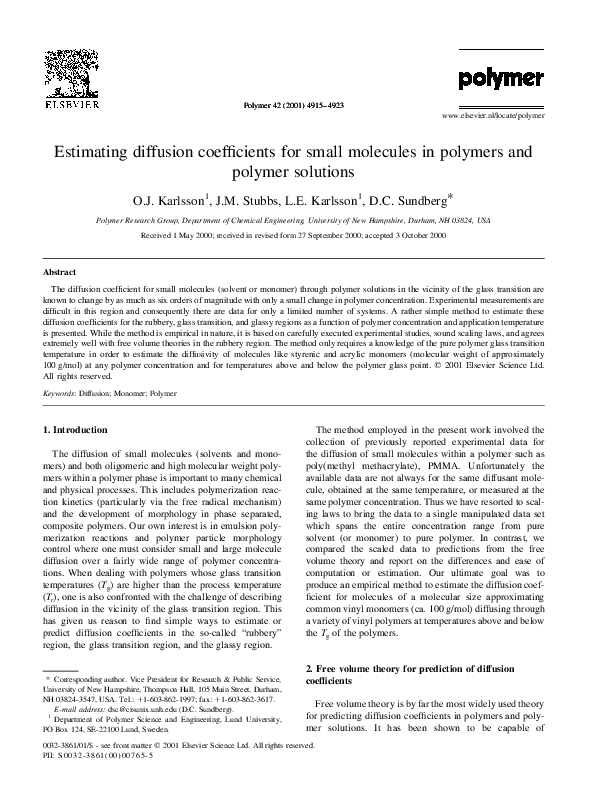 (PDF) Estimating diffusion coefficients for small molecules in polymers and polymer solutions