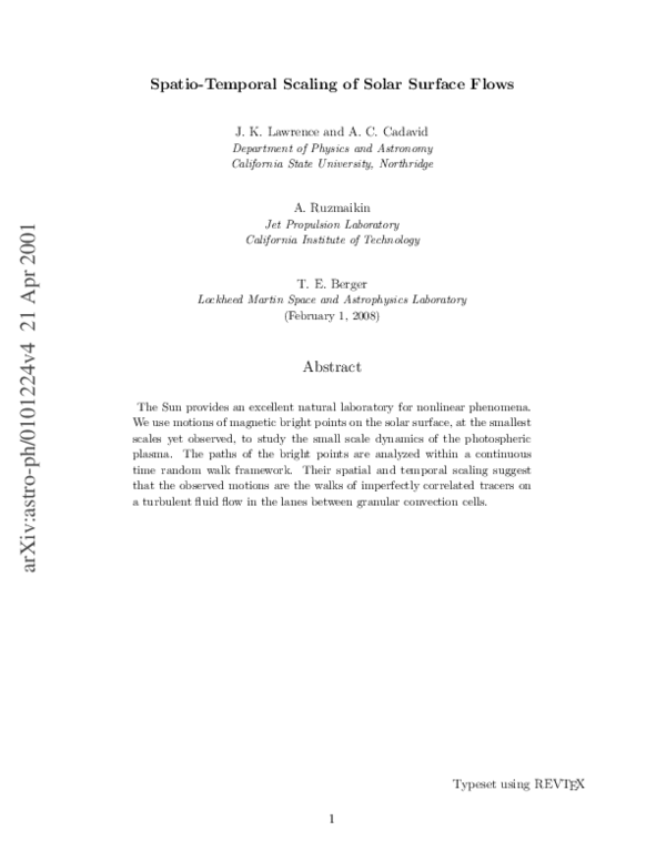 (PDF) Spatiotemporal Scaling of Solar Surface Flows | Alexander ...