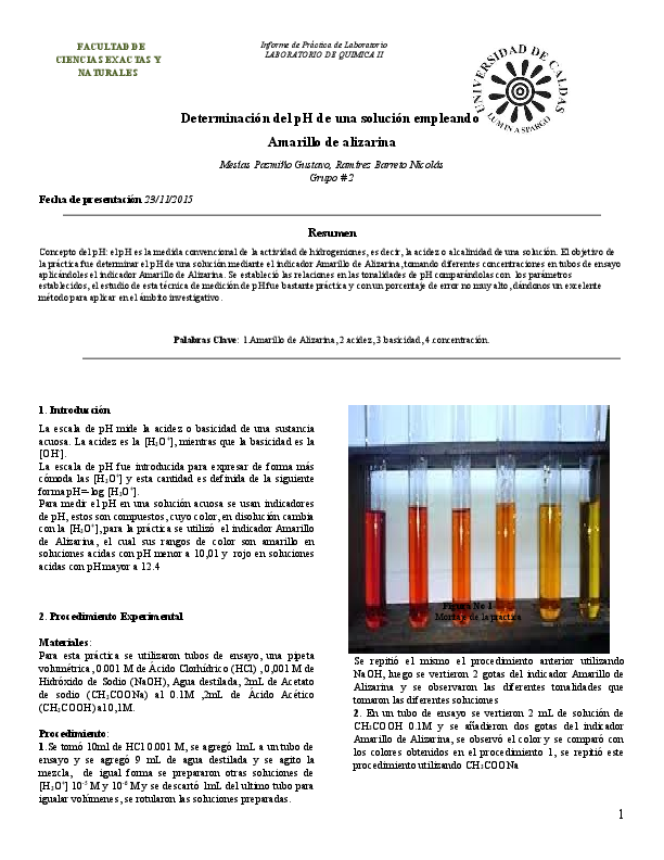 (DOC) Determinacion del p H usando indicador Amarillo de Alizarina
