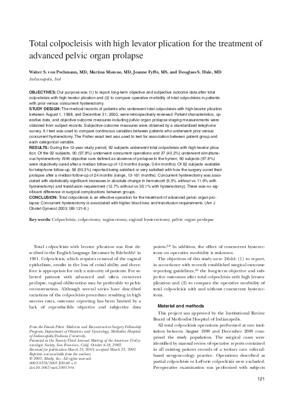 (PDF) Total colpocleisis with high levator plication for the treatment ...