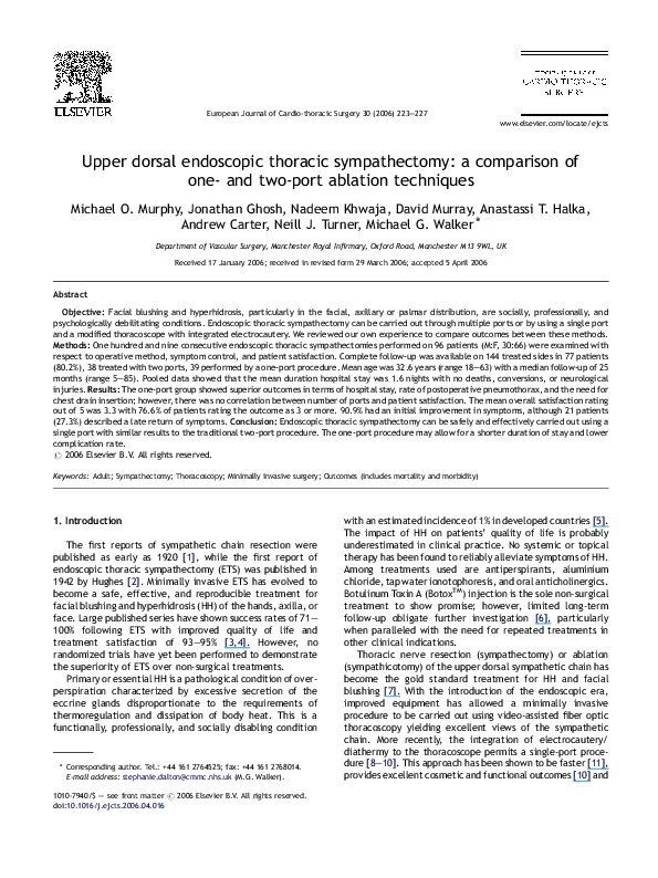 (PDF) Upper dorsal endoscopic thoracic sympathectomy: a comparison of ...