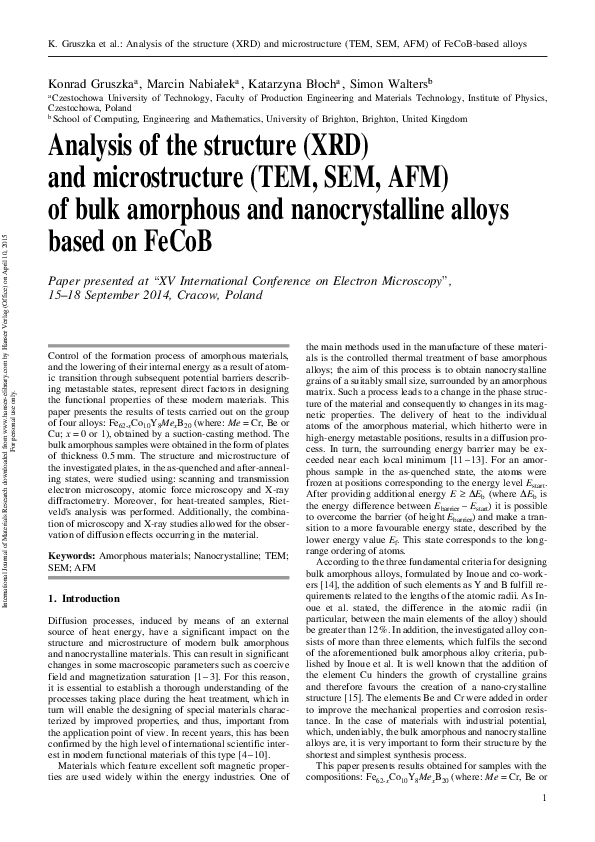(PDF) Analysis of the structure (XRD) and microstructure (TEM, SEM, AFM) of bulk amorphous and ...