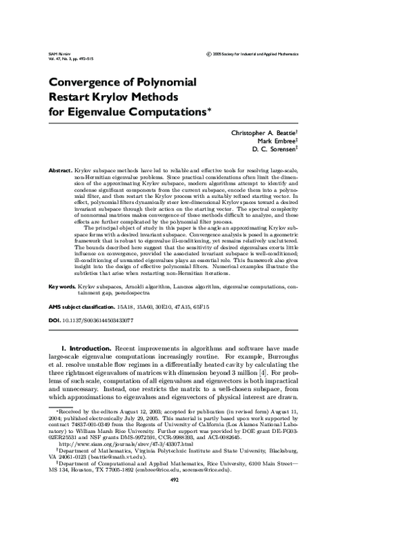 (PDF) Convergence of Polynomial Restart Krylov Methods for Eigenvalue Computations