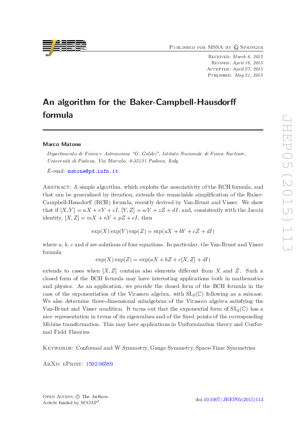 (PDF) An algorithm for the Baker-Campbell-Hausdorff formula | marco ...