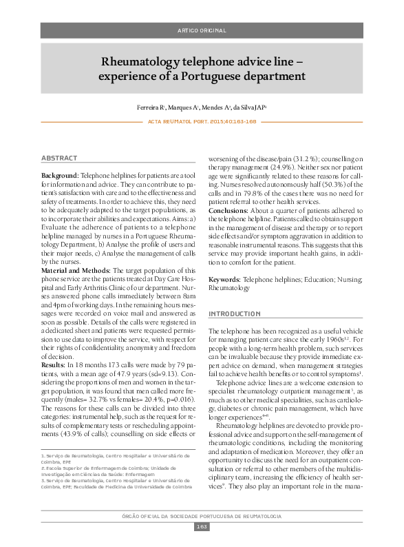 (PDF) Rheumatology telephone advice line - Experience of a Portuguese ...