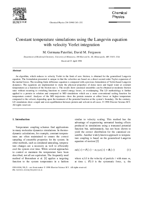 Pdf Constant Temperature Simulations Using The Langevin Equation With Velocity Verlet Integration