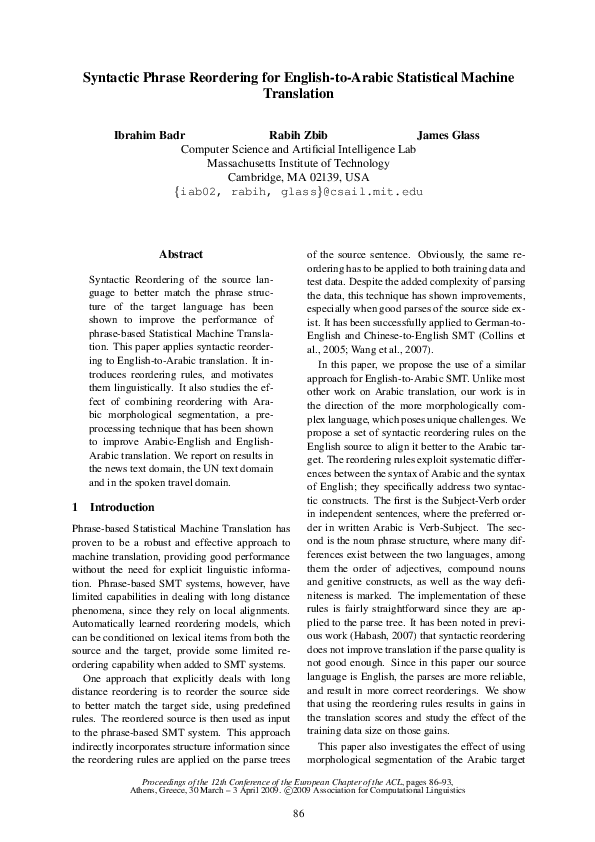 (PDF) Syntactic phrase reordering for English-to-Arabic statistical machine translation