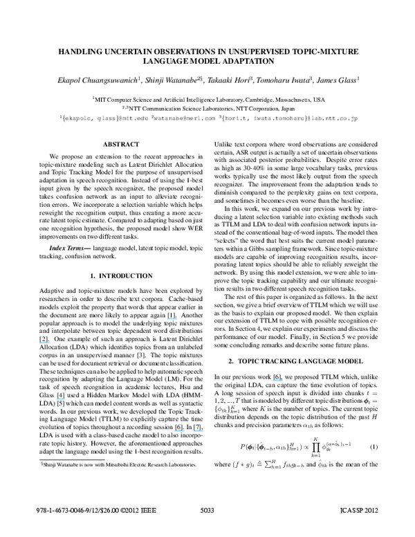 (PDF) Handling uncertain observations in unsupervised topic-mixture language model adaptation