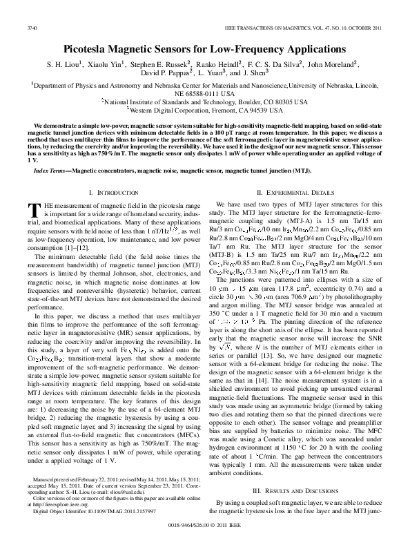 (PDF) Picotesla Magnetic Sensors for Low-Frequency Applications